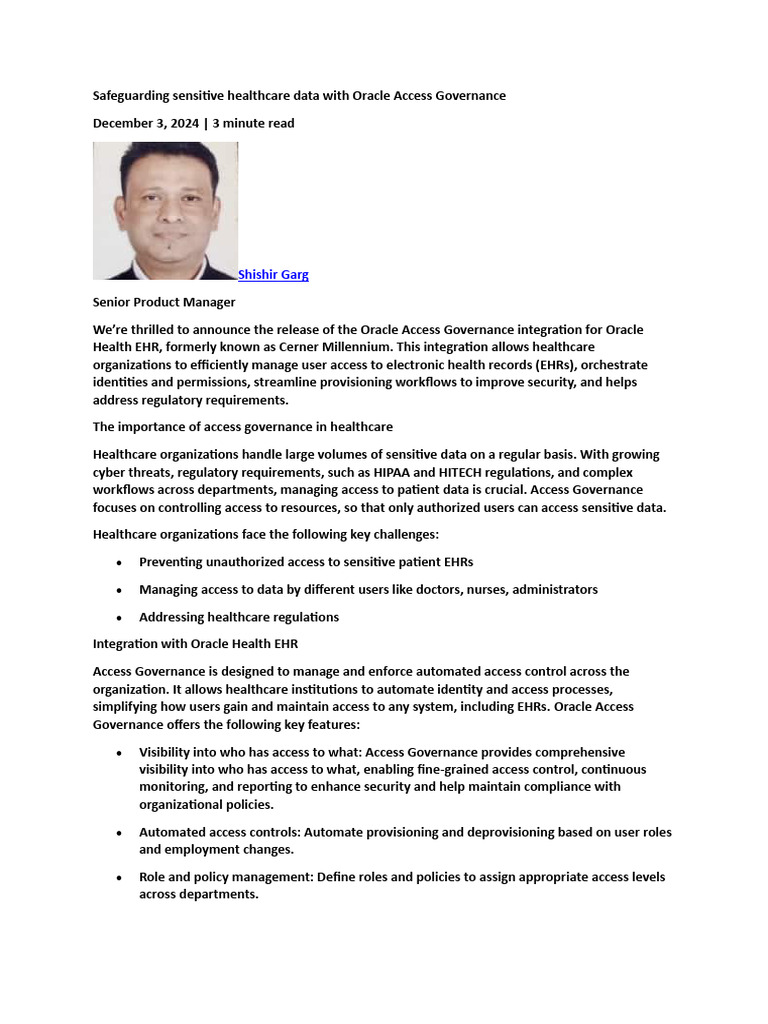 Oracle Access Governance for EHR Security | PDF | Electronic Health ...