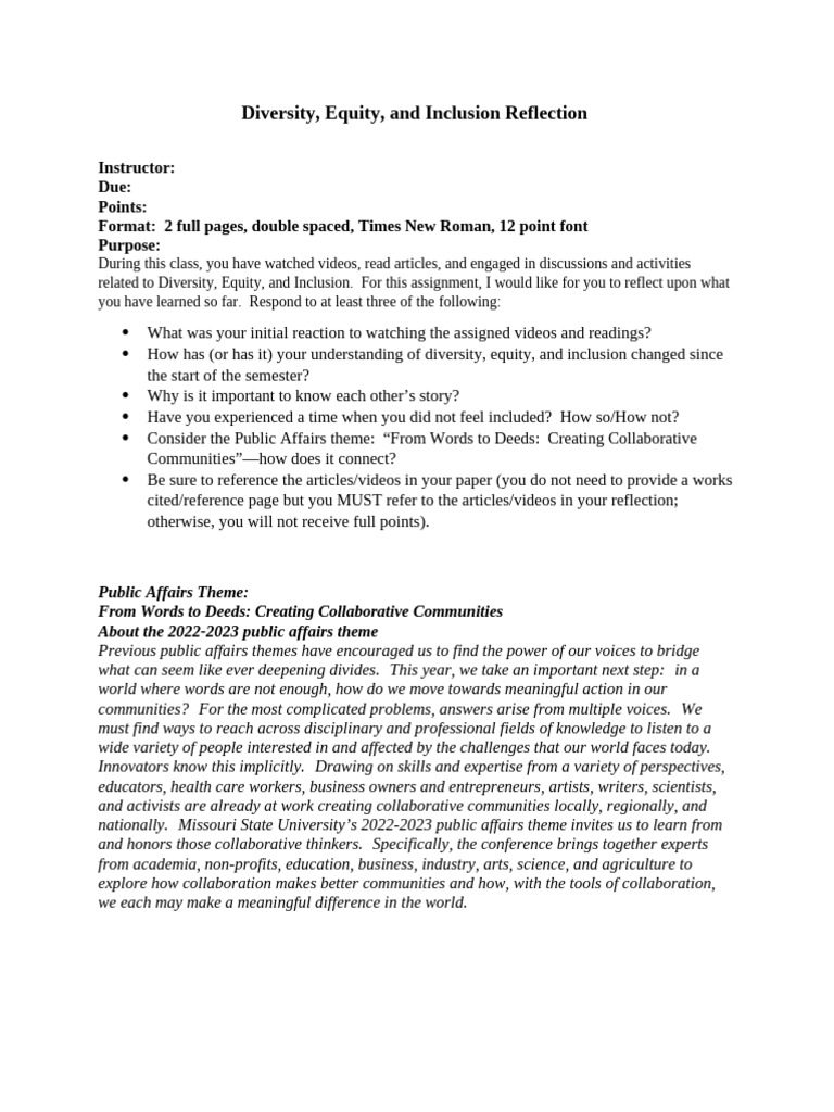 2022 - GEP 101 - Diversity, Equity, and Inclusion Reflection | PDF ...