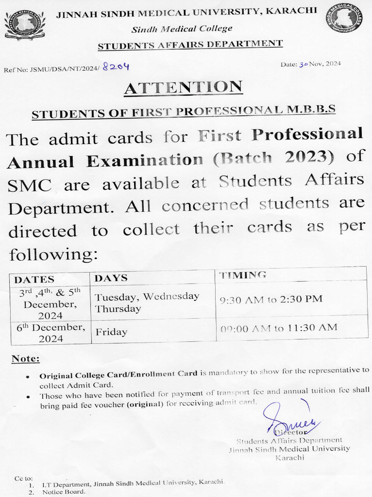 1st Year Admit Card Notice078 | PDF
