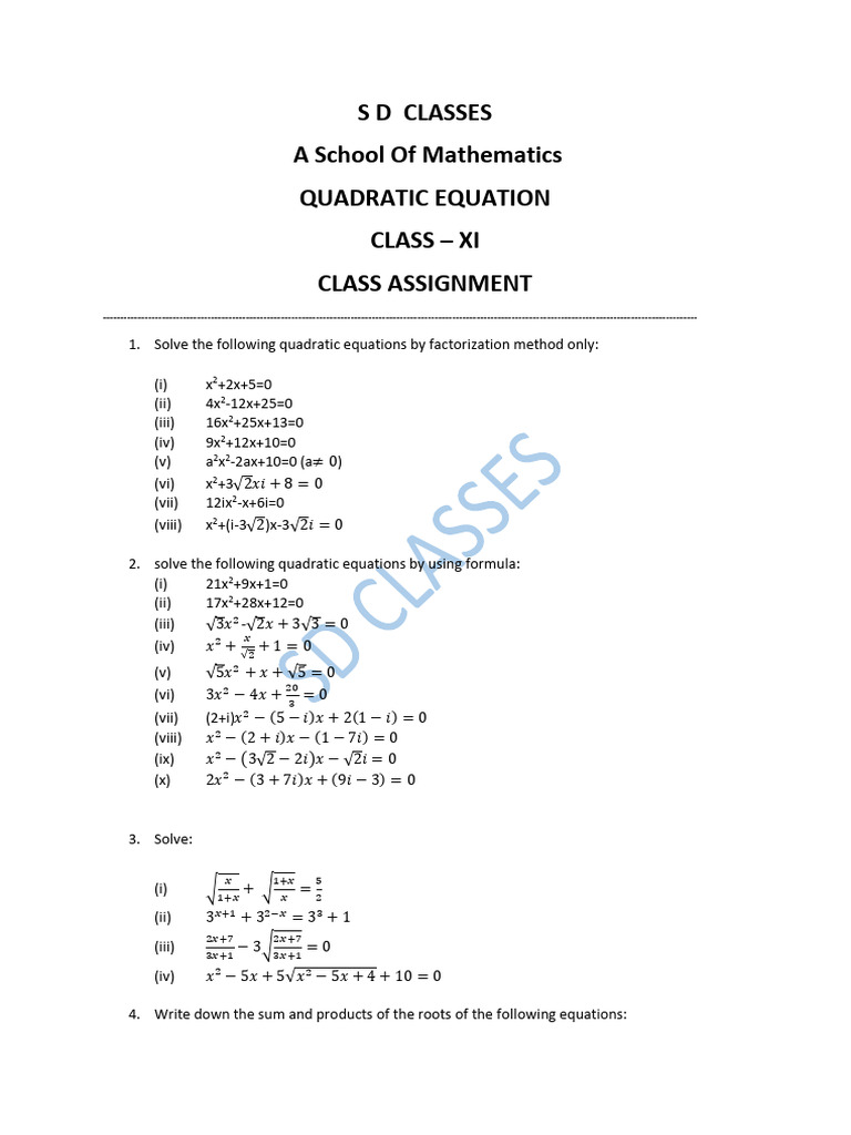 Quadratic Equations Class Assignment | PDF | Quadratic Equation ...