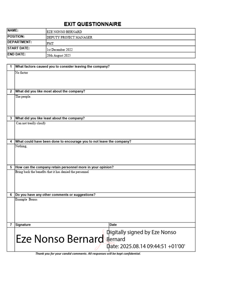 Eze Nonso Bernard0 - Exit Questionnaire | PDF