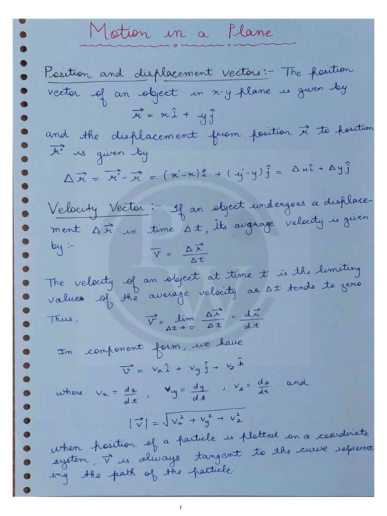 Motion in A Plane - Handwritten Notes | PDF