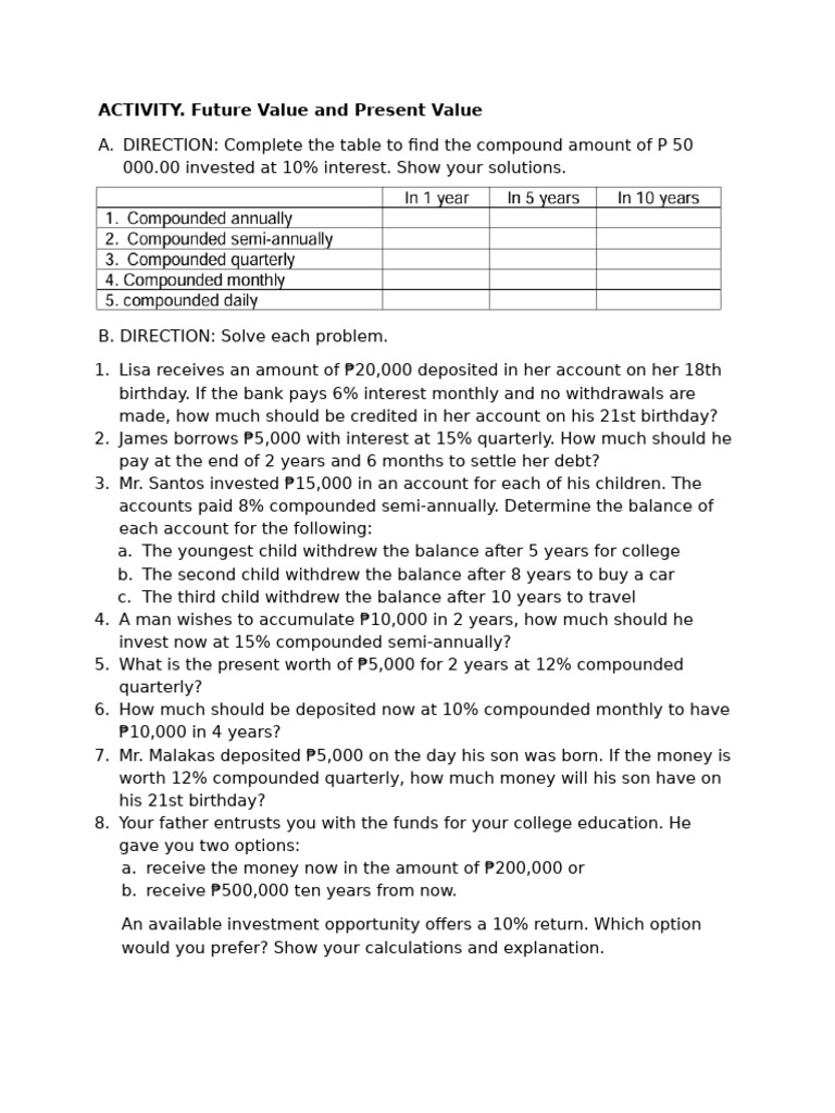 Activity Future Value And Present Value Pdf