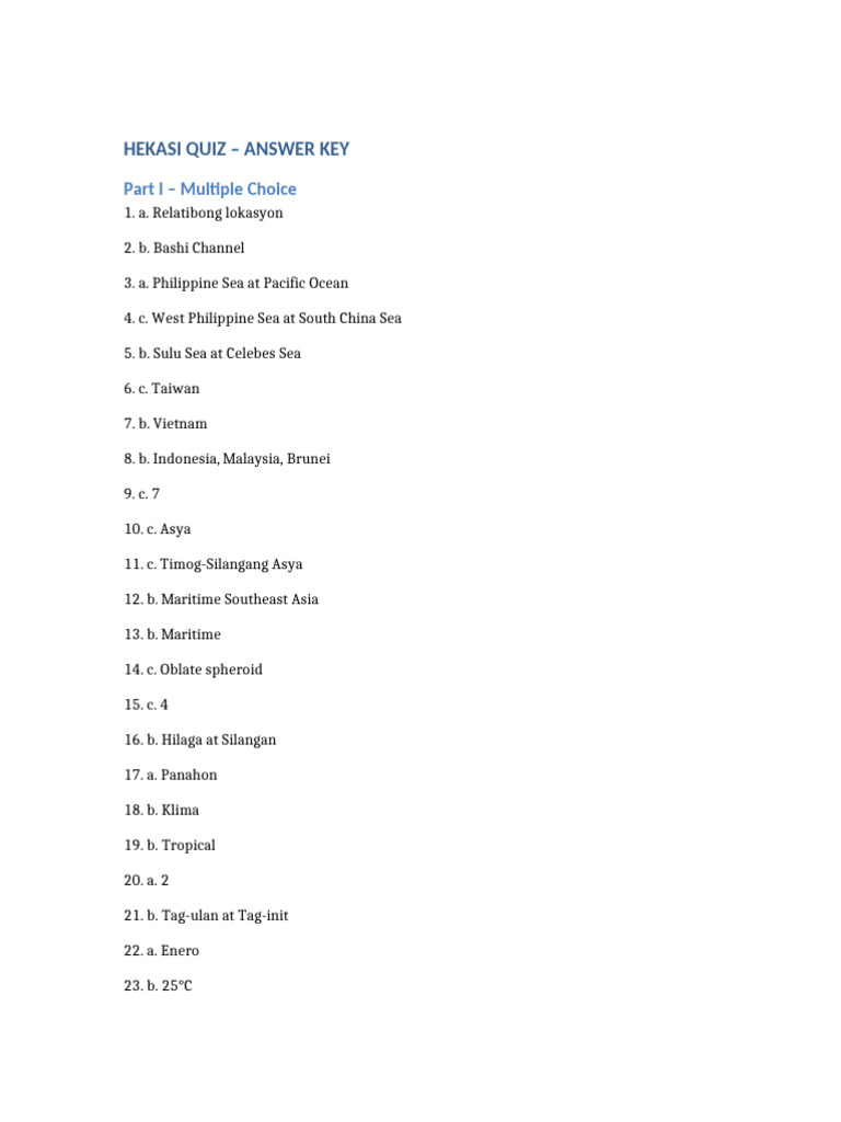 HEKASI Quiz Answer Key | PDF