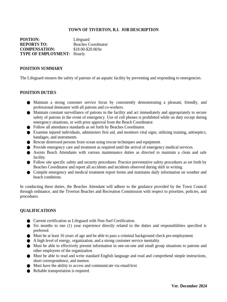 Lifeguard Job Description Update - 2024 | PDF | Emergency | Safety