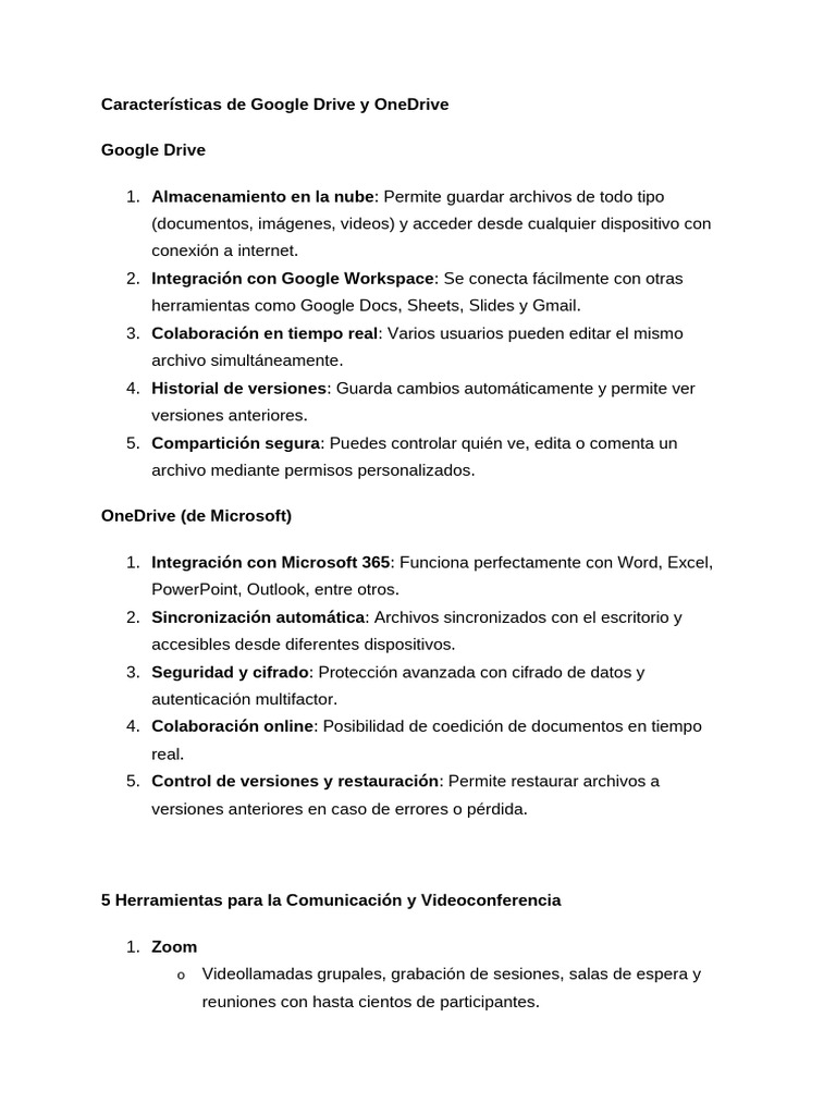 Características de Google Drive y OneDrive | PDF | Videotelefonía ...