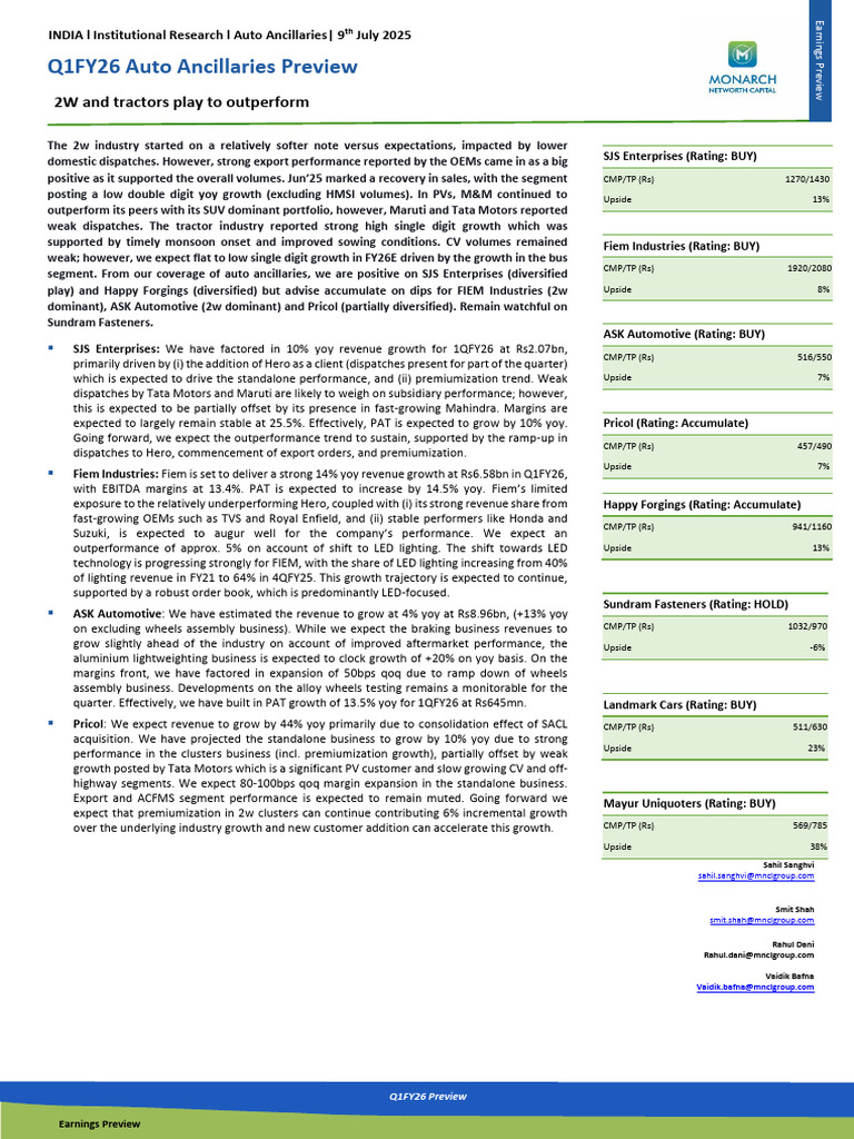 MNCL On Q1FY26 Auto Ancillaries Preview 2W and Tractors Play To | PDF ...