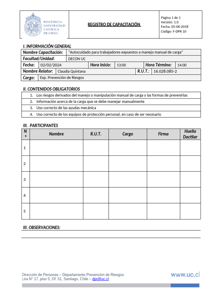 Reg. Capacitación - Autocuidado para Trab. Expuestos A MMC | PDF