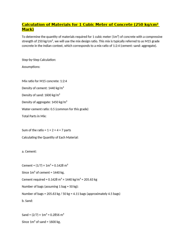 M15 Concrete Material Calculation for 1m³ | PDF