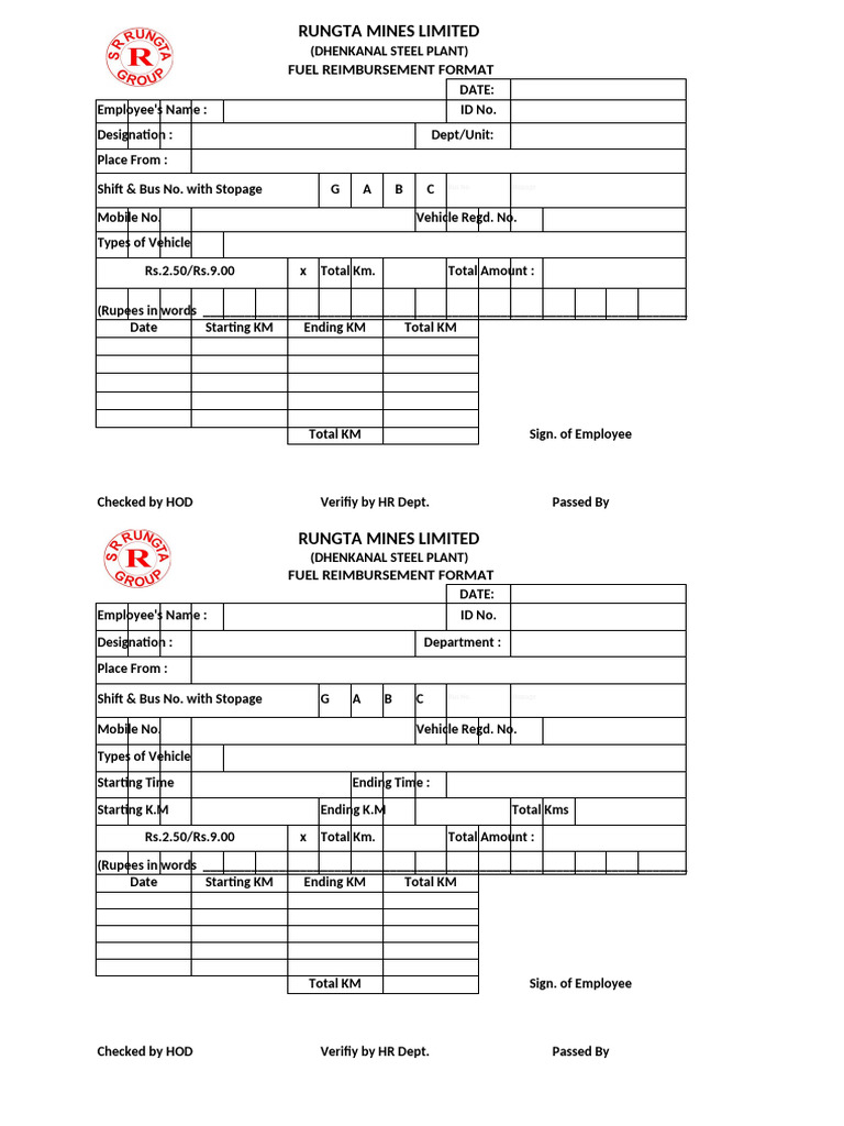 Fuel Reimbursement Format Template | PDF