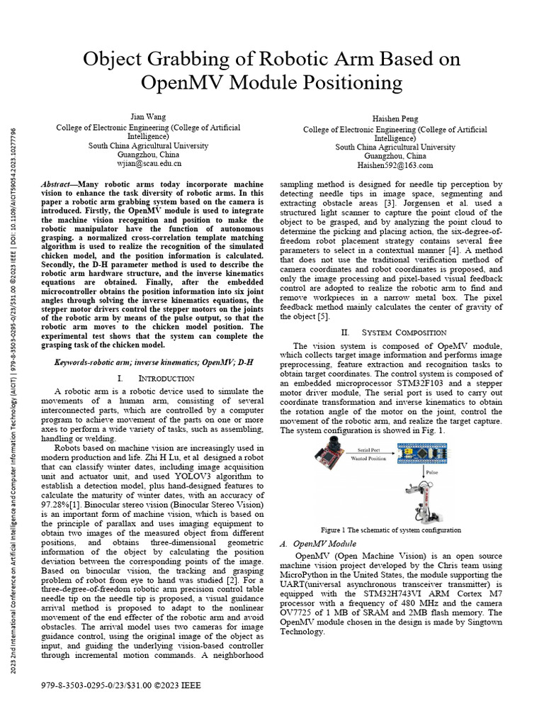 Object Grabbing of Robotic Arm Based On OpenMV Module Positioning | PDF | Robotics | Computer Vision