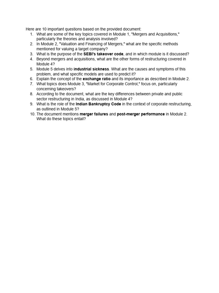 Key Questions on Mergers & Acquisitions | PDF