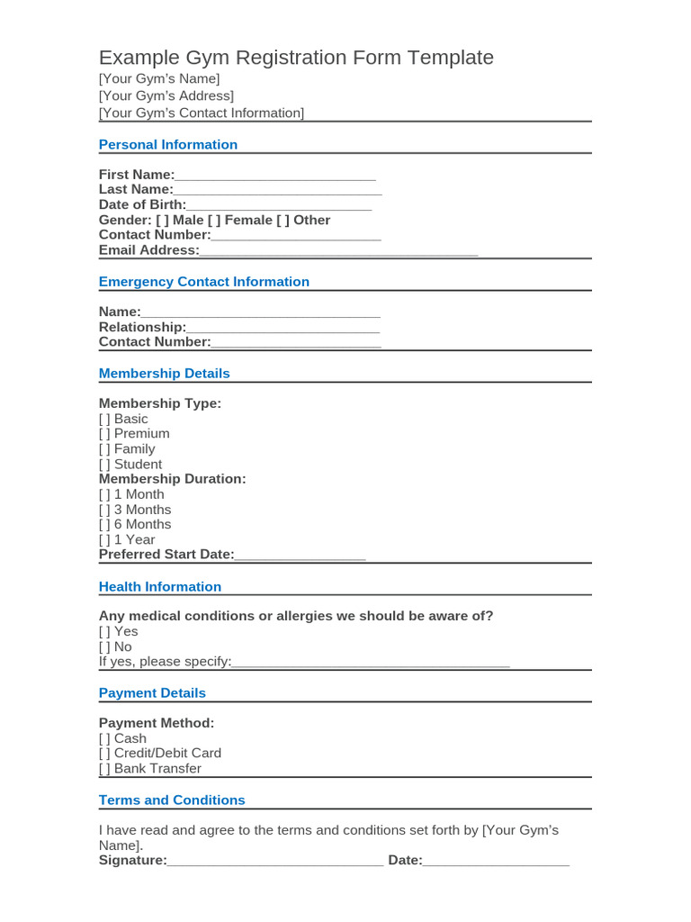 Gym Registration Form Template | PDF