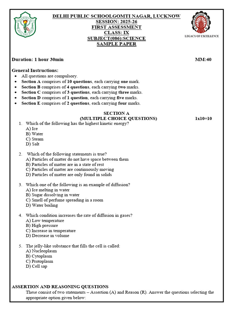 Science Sample Paper Class 9 | PDF | Cell (Biology) | Temperature