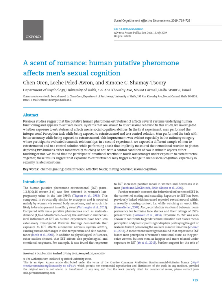 A Scent of Romance: Human Putative Pheromone Affects Men's Sexual ...