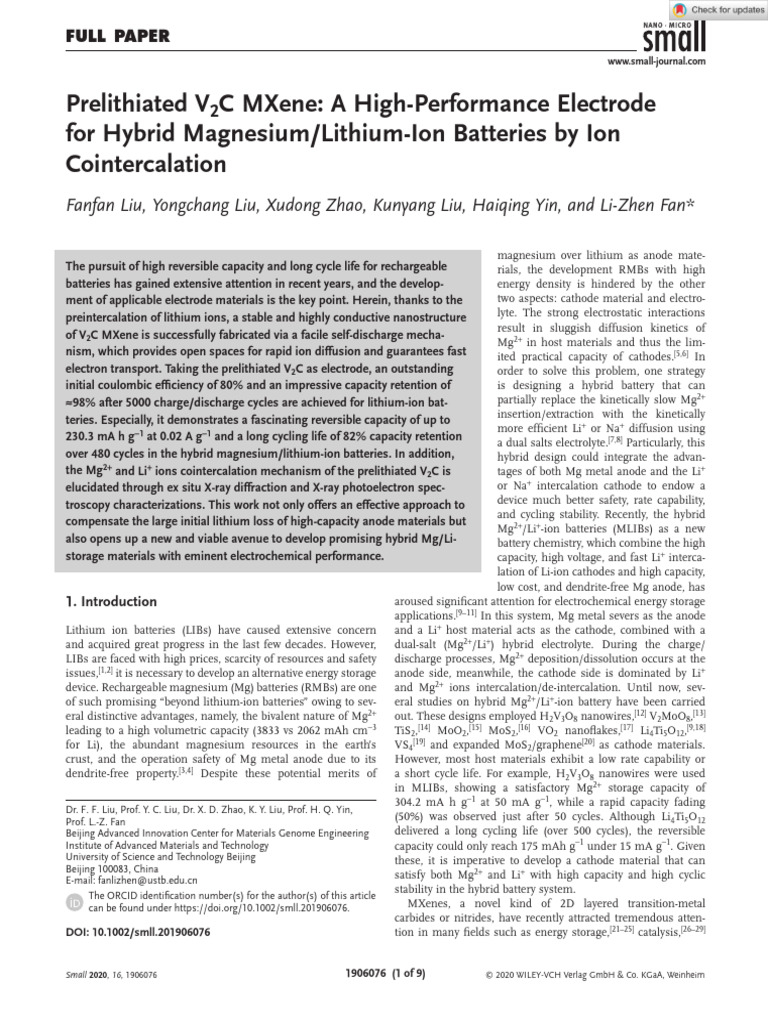 1.Small - 2020 - Liu - Prelithiated V2C MXene a High‐Performance Electrode for Hybrid Magnesium ...