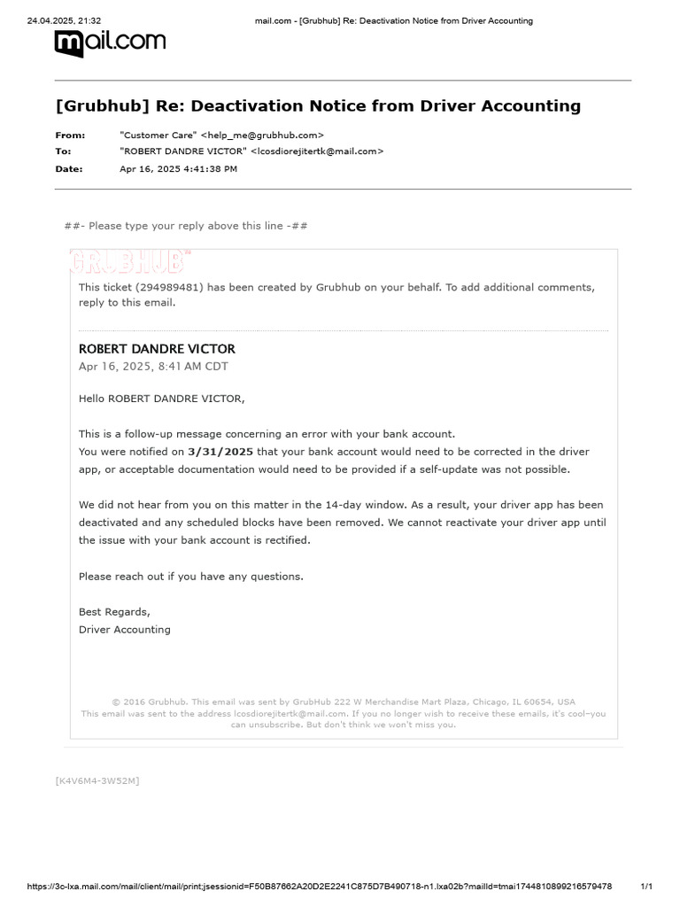 Grubhub Driver Account Deactivation Notice | PDF