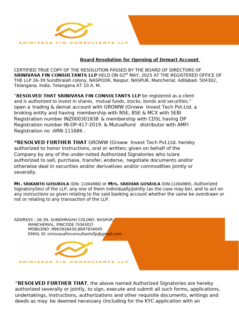 Board Resolution for Groww Demat Account | PDF | Private Sector ...