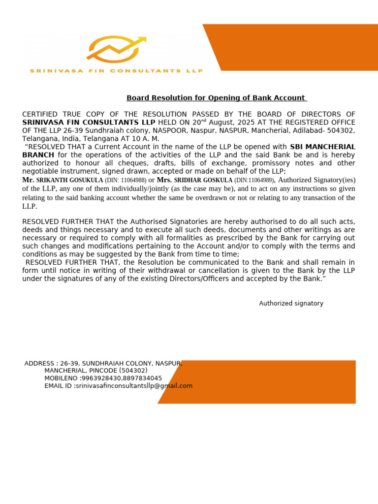 Board Resolution For Opening of Bank Account Sbi | PDF