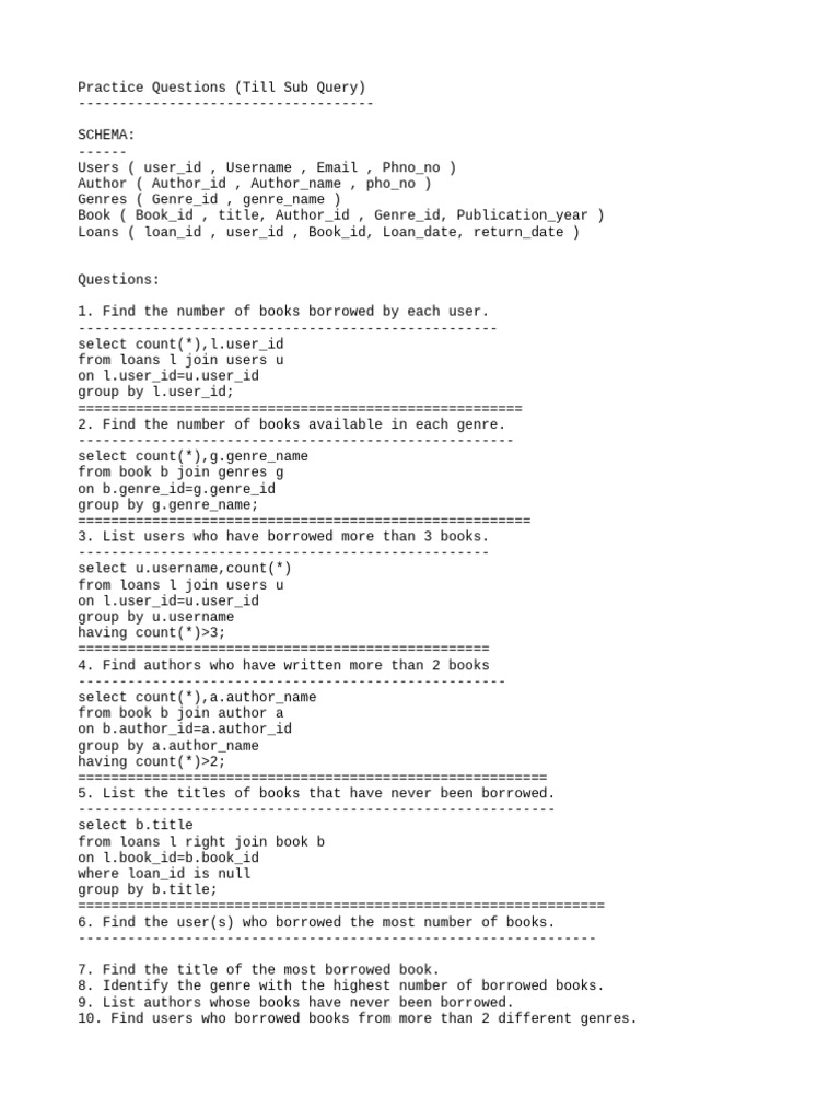 Practice Questions (Till Sub Query) | PDF