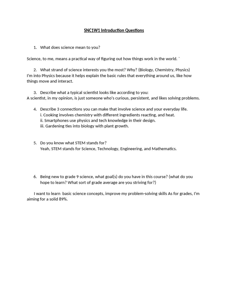 SNC1W1 Science Introduction Insights | PDF