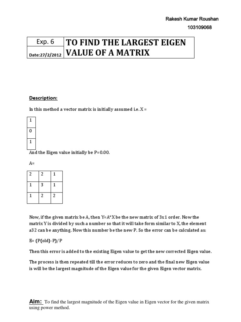 To Find The Largest Eigen Value of A Matrix | PDF
