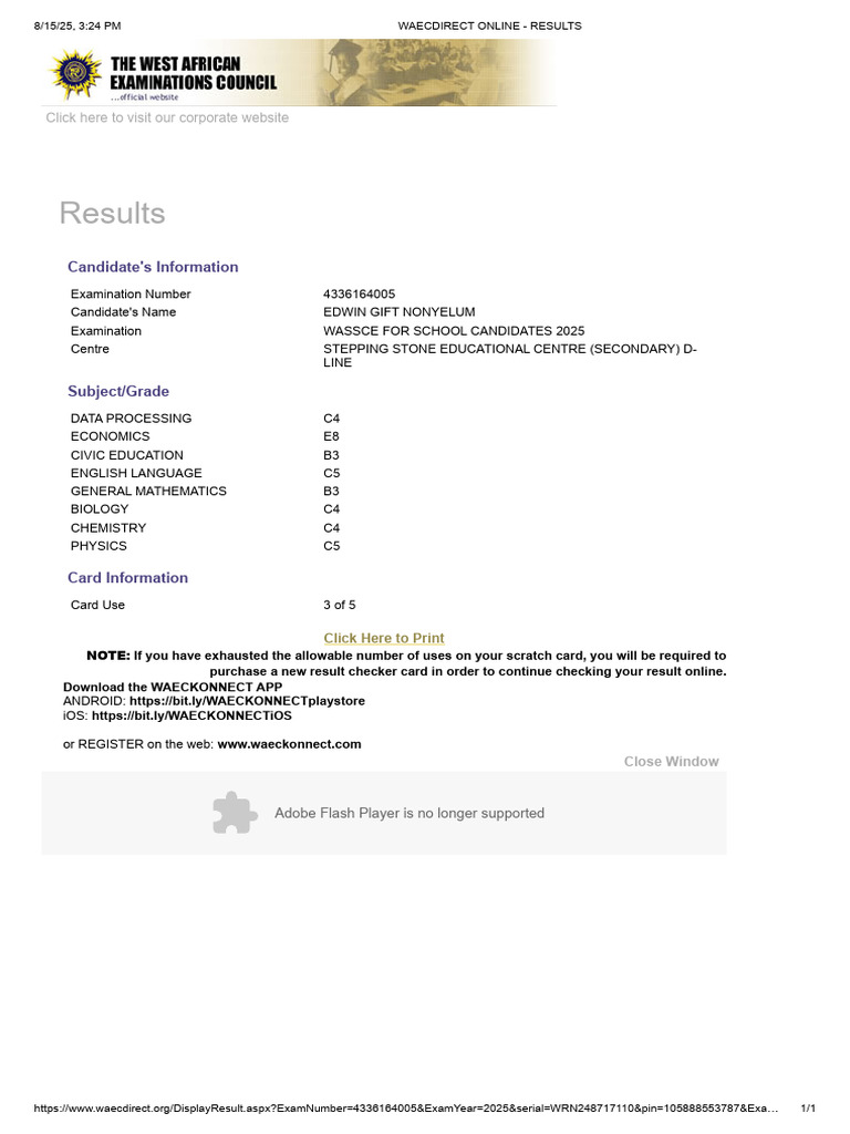 Waecdirect Online - Results Edin Gift | PDF