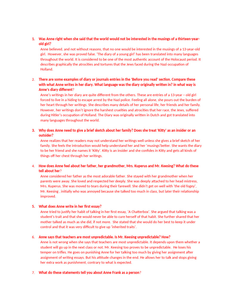 Class 10 Q&A on Anne Frank's Diary | PDF
