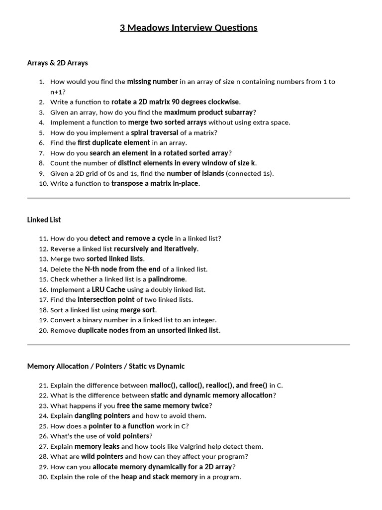 3 Meadows Interview Questions | PDF | Pointer (Computer Programming) | Computer Data