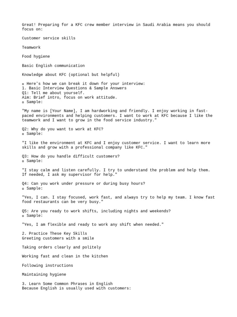 KFC Crew Member Interview Preparation Guide | PDF