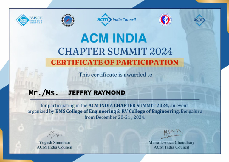 JEFFRY RAYMOND ACM India Chapter Summit 2024 Certificate | PDF