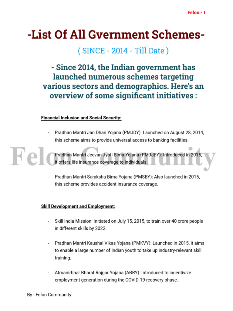 List of All Government Schemes - by Felon | PDF | Government Of India ...