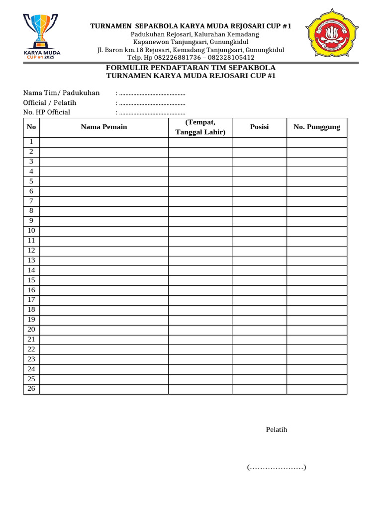 Formulir Pendaftaran Tim Sepak Bola Karya Muda Rejosari | PDF