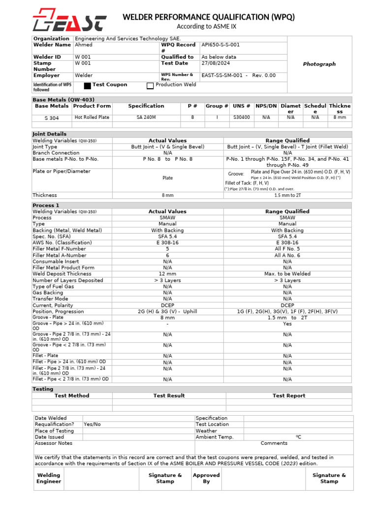 ASME IX Welder Qualification Record | PDF | Pipe (Fluid Conveyance ...