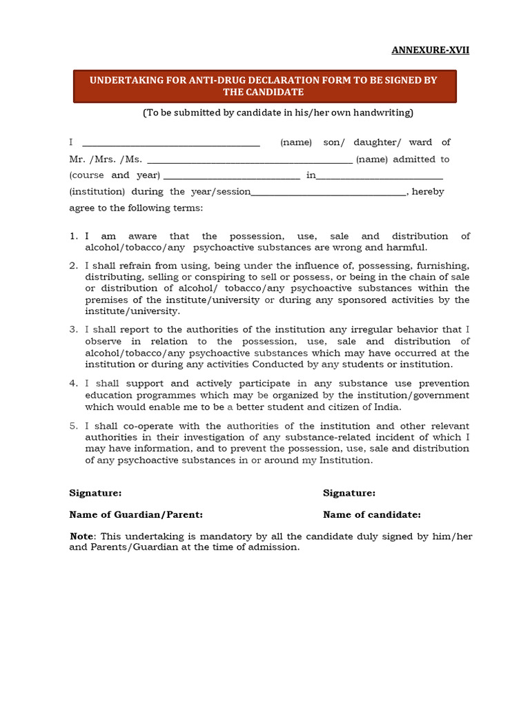 Undertaking For Anti-Drug Declaration Form To Be Signed by The ...