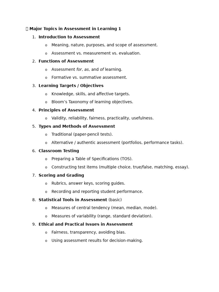 ? Major Topics in Assessment in Learning 1 | PDF