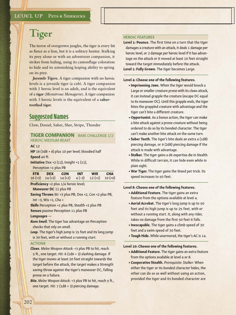 Level Up Pets & Sidekicks Preview Tiger (A5E) | PDF | Tiger | Zoology