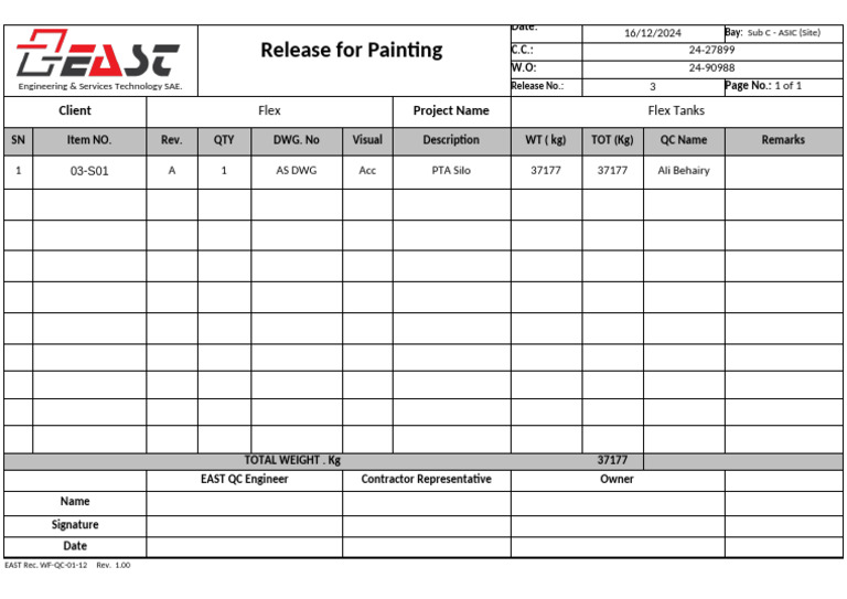 Release For Painting PTA Silo (Flex Tanks) Sub C (ASIC) | PDF