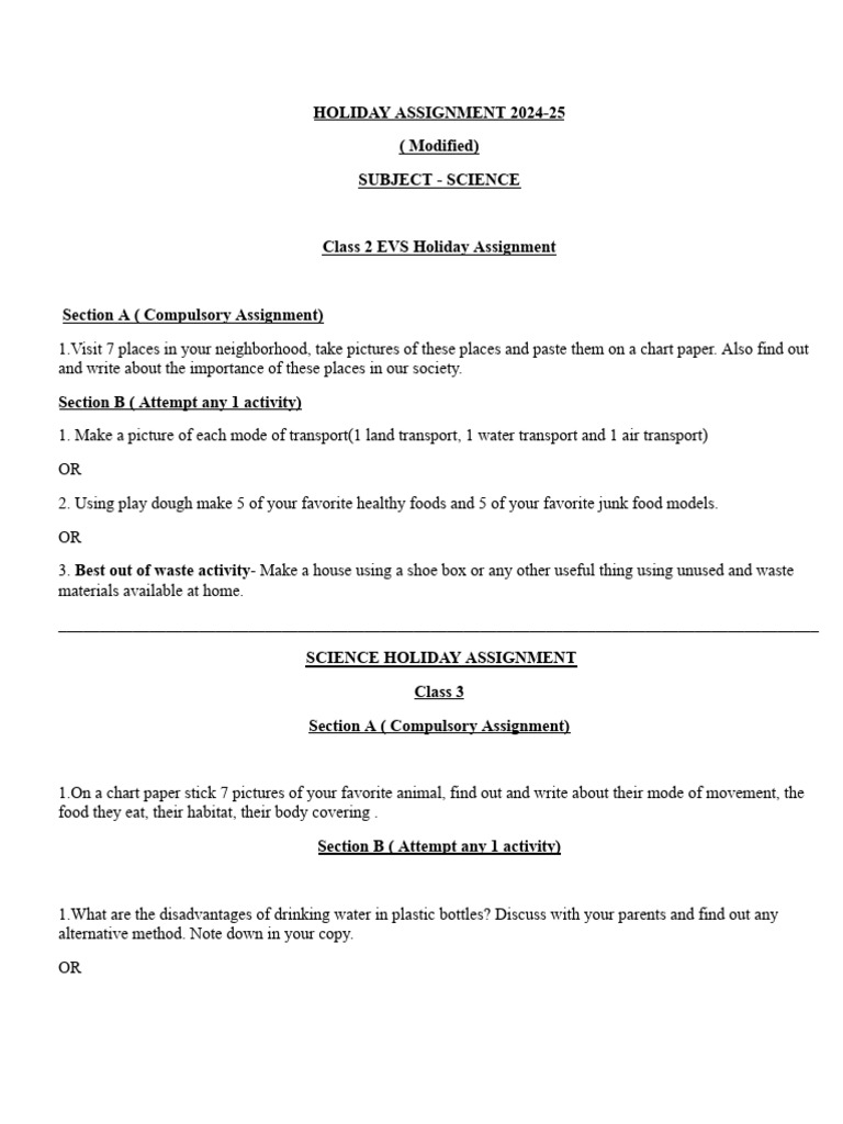 Classwise Science Holiday Assignments 2024 | PDF | Foods | Science