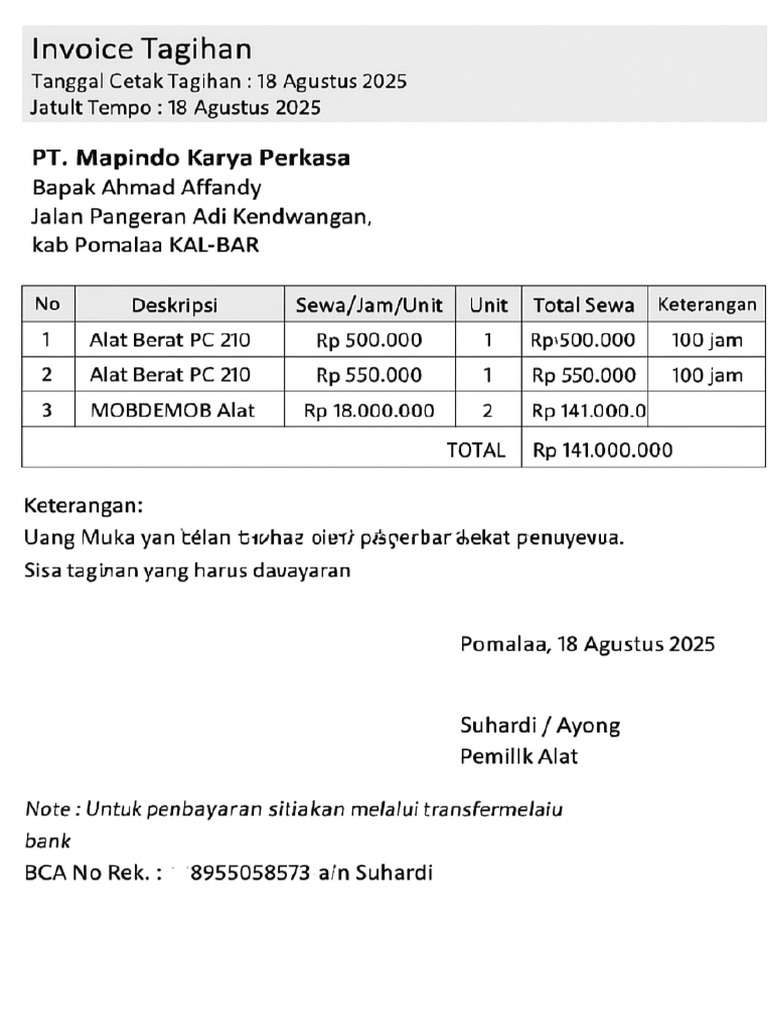 Invoice Penagihan Sewa Alat | PDF