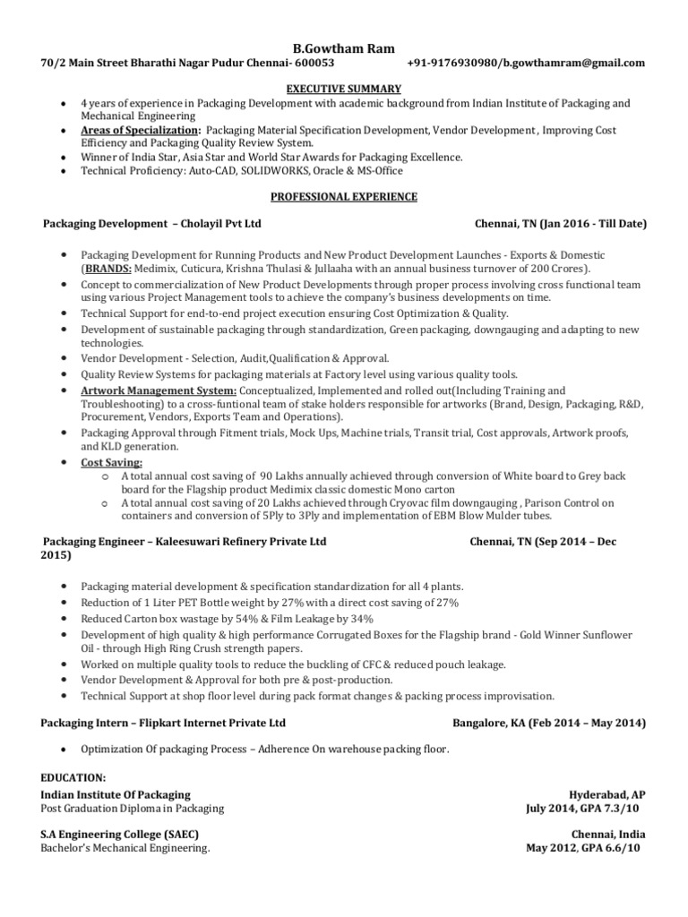Resume of B. Gowtham Ram | PDF | Production And Manufacturing ...