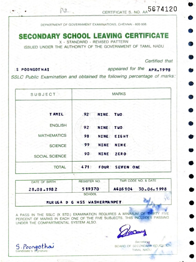 10th and 12th Mark Sheet | PDF