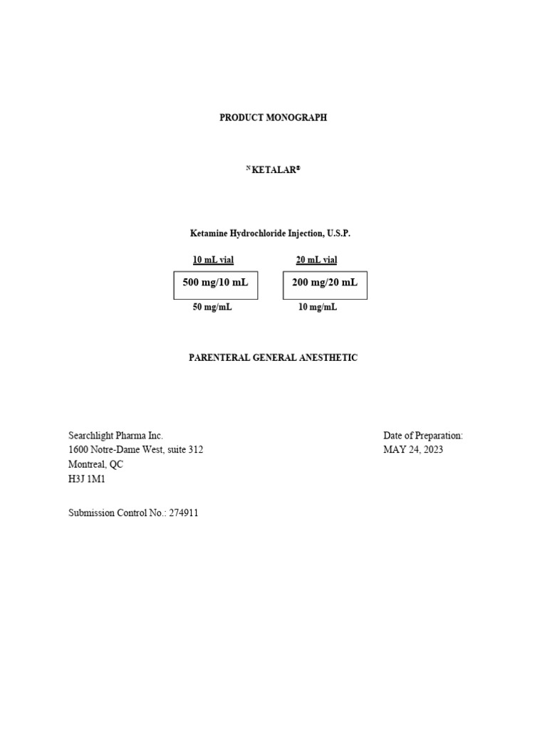 Ketalar: Ketamine Injection Overview | PDF | Anesthesia | Dose ...