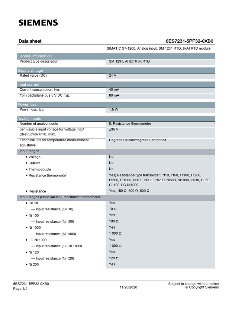 SM 1231 RTD Module Datasheet | PDF | Electrical Engineering | Electricity