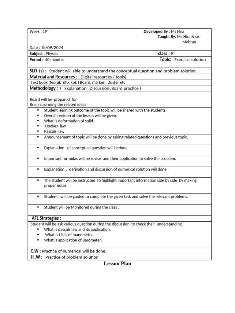 9th Class 117th September Lesson Plan | PDF