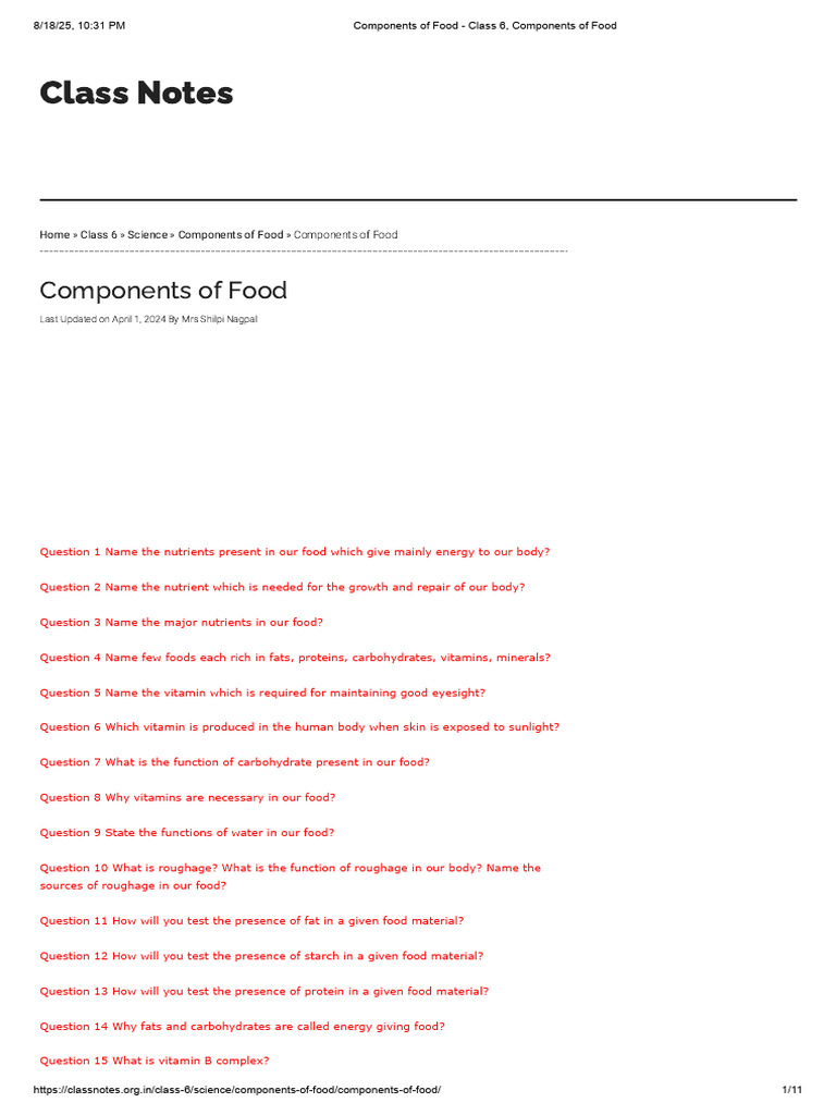 Understanding Food Components for Class 6 | PDF | Foods | Whole Grain