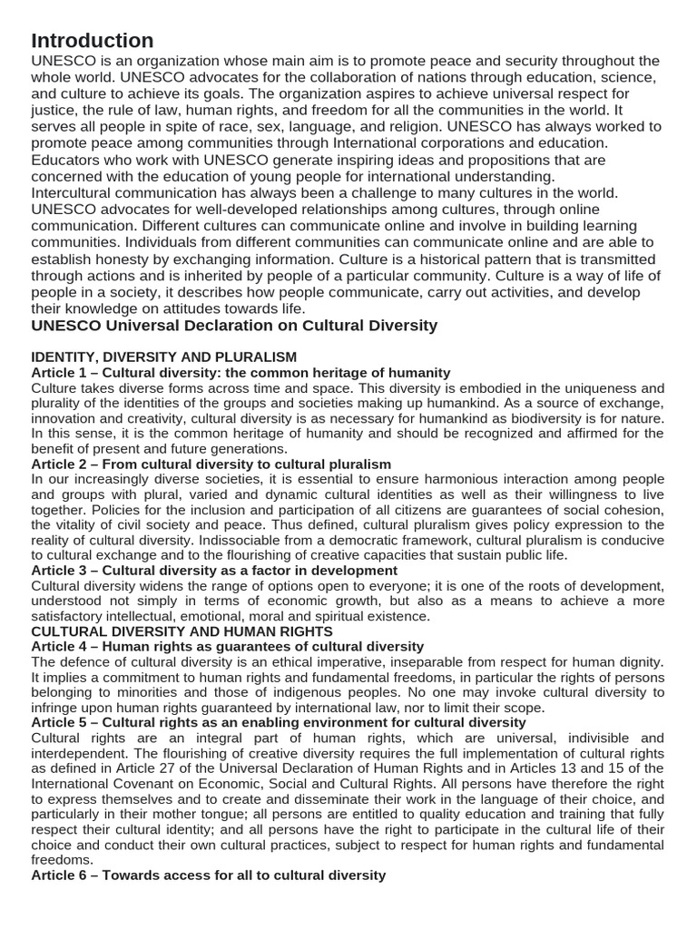 UNESCO Cultural Diversity Declaration 2001 | PDF | Cultural Diversity