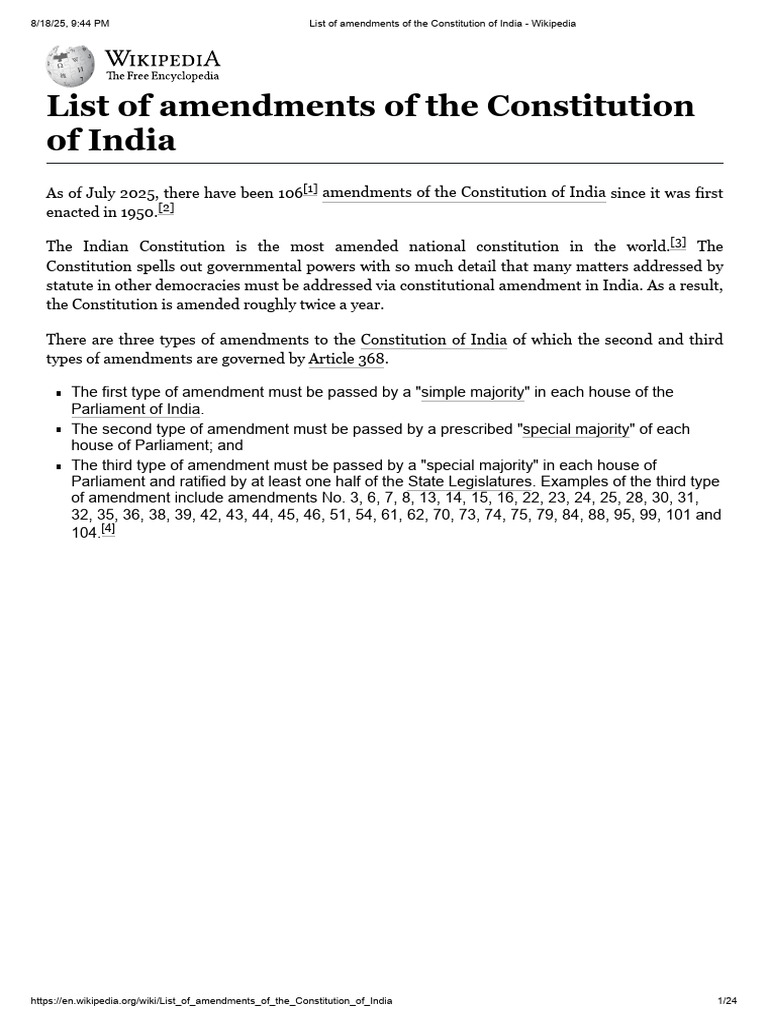 List of Amendments of The Constitution of India - Wikipedia | PDF ...