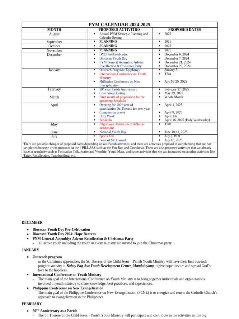 PYM Calendar 2024-2025 Activities | PDF