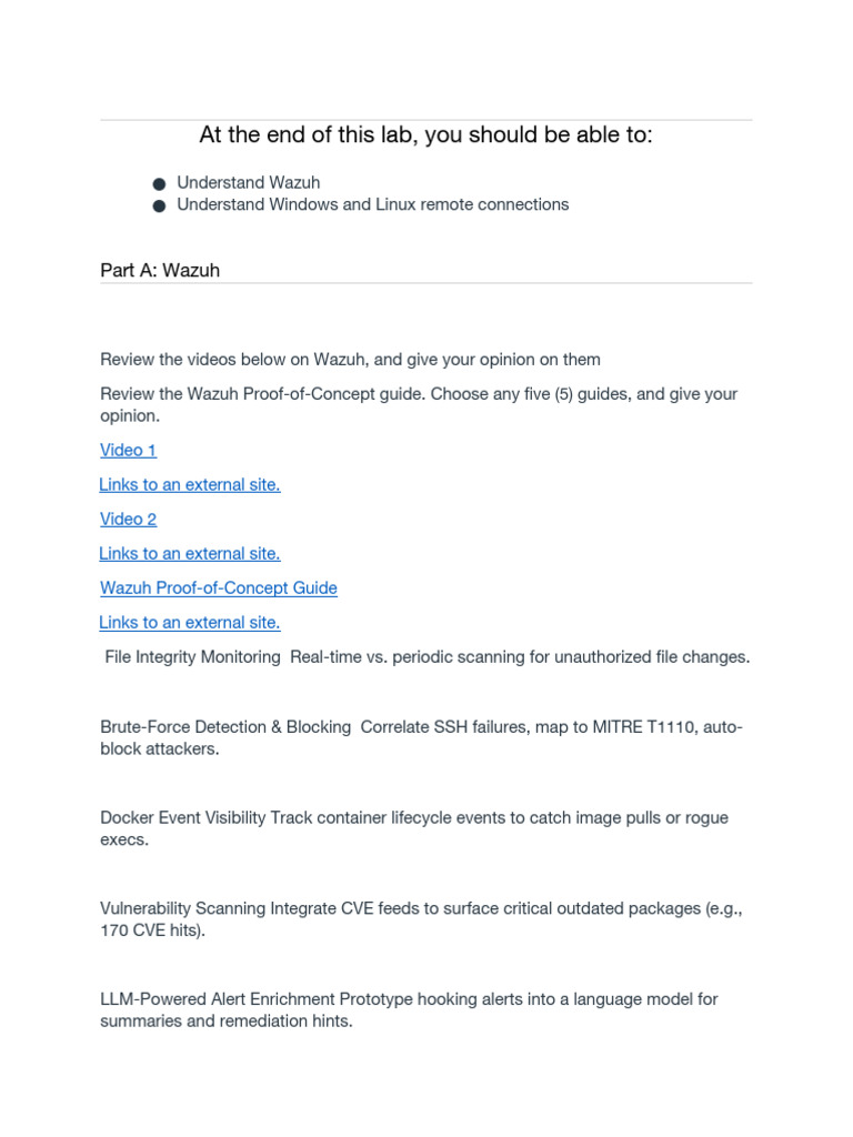 Week 12 - Lab 12 Wazuh and Connections | PDF